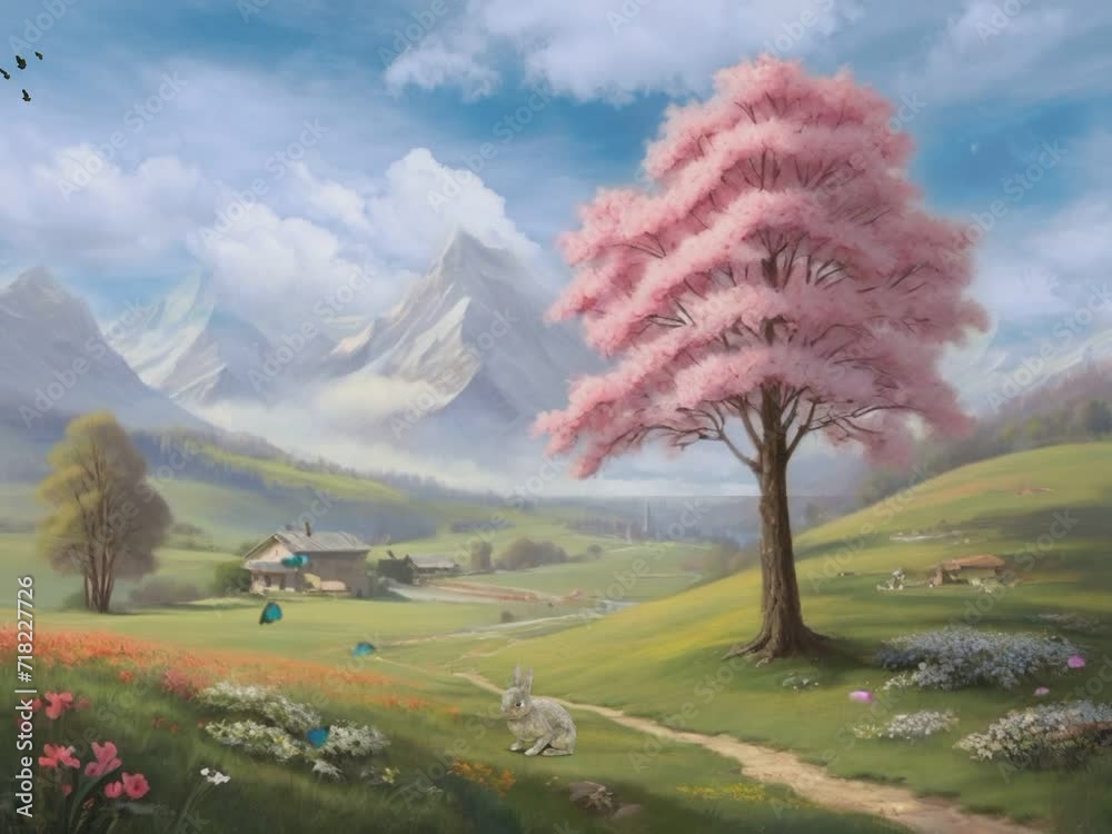 Spring natural landscape in a flower field with pink leaves and a house ...