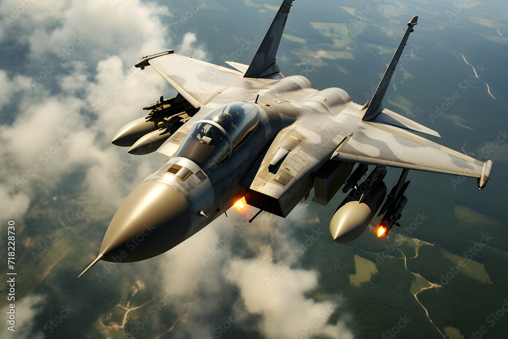 Modern stealth fighter plane. Flight in formation, flyby and landing ...