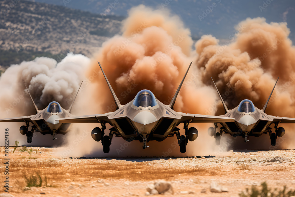 Modern stealth fighter plane. Flight in formation, flyby and landing ...