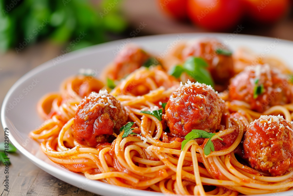 Authentic homemade spaghetti with meatballs and grated parmesan cheese ...