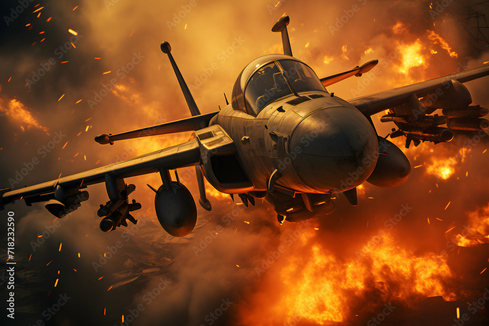 Modern stealth fighter plane. Flight in formation, flyby and landing ...