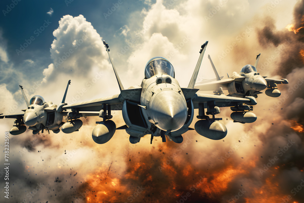 Modern stealth fighter plane. Flight in formation, flyby and landing ...