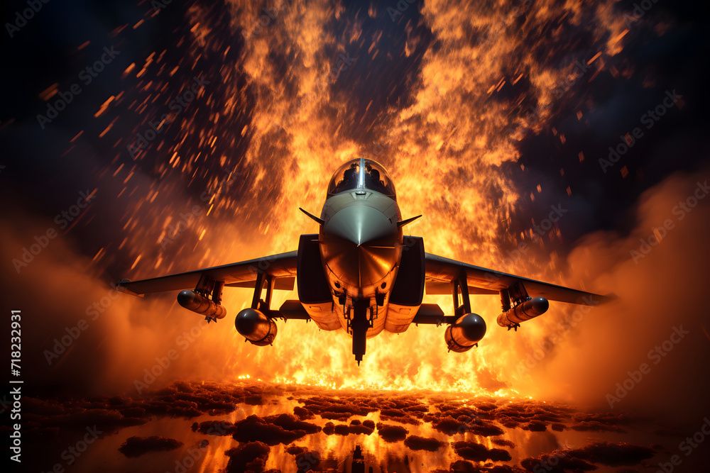 Modern stealth fighter plane. Flight in formation, flyby and landing ...