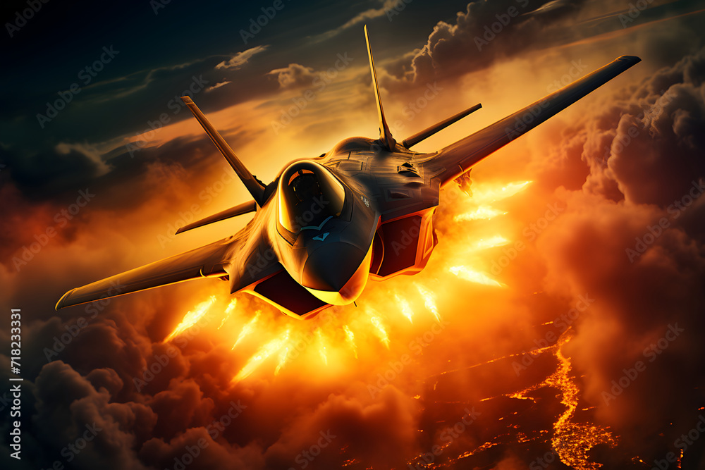 Modern stealth fighter plane. Flight in formation, flyby and landing ...