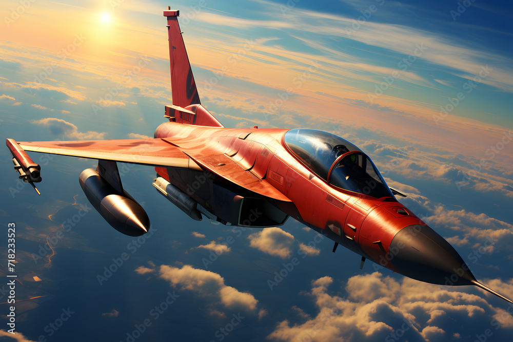 Modern stealth fighter plane. Flight in formation, flyby and landing ...