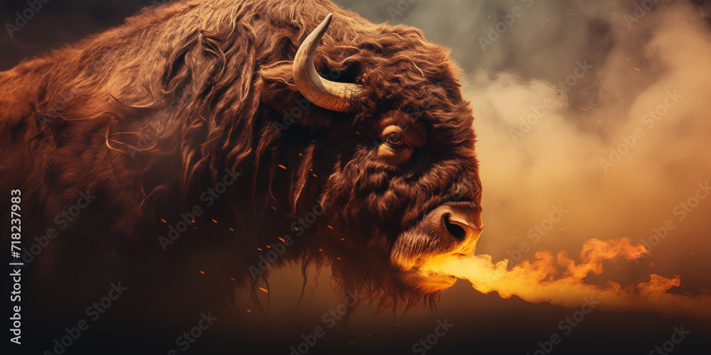 Blazing Buffalo: Fantasy Poster with Ashes, Embers, and Flames Against ...