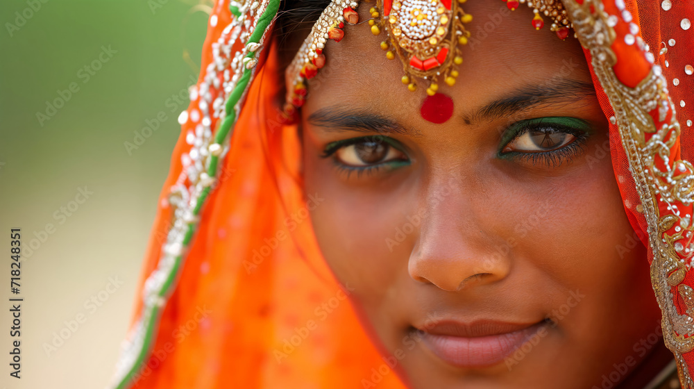 Close-up of young Indian woman in traditional attire and red bindi on ...
