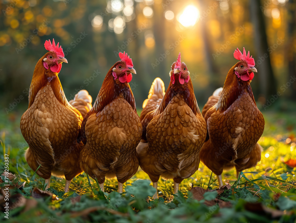 A group of chickens standing on a field. A flock of chickens stands ...