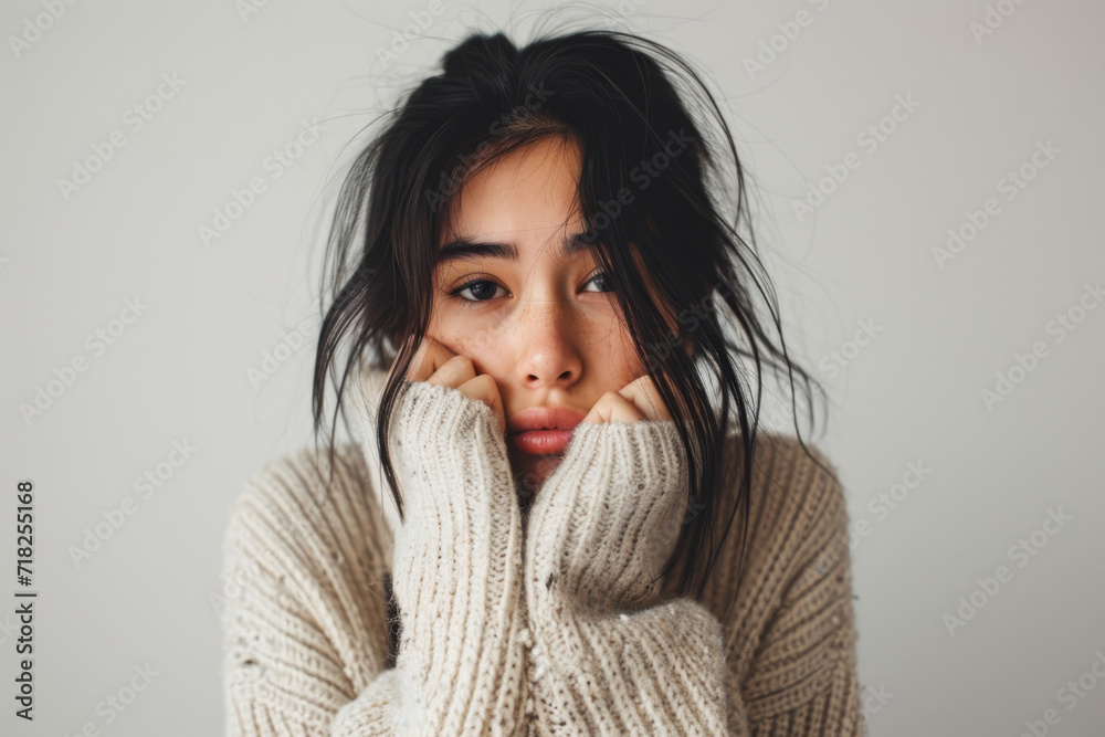 Girl Poses In Studio While Dealing With Cold. Сoncept Winter Fashion ...