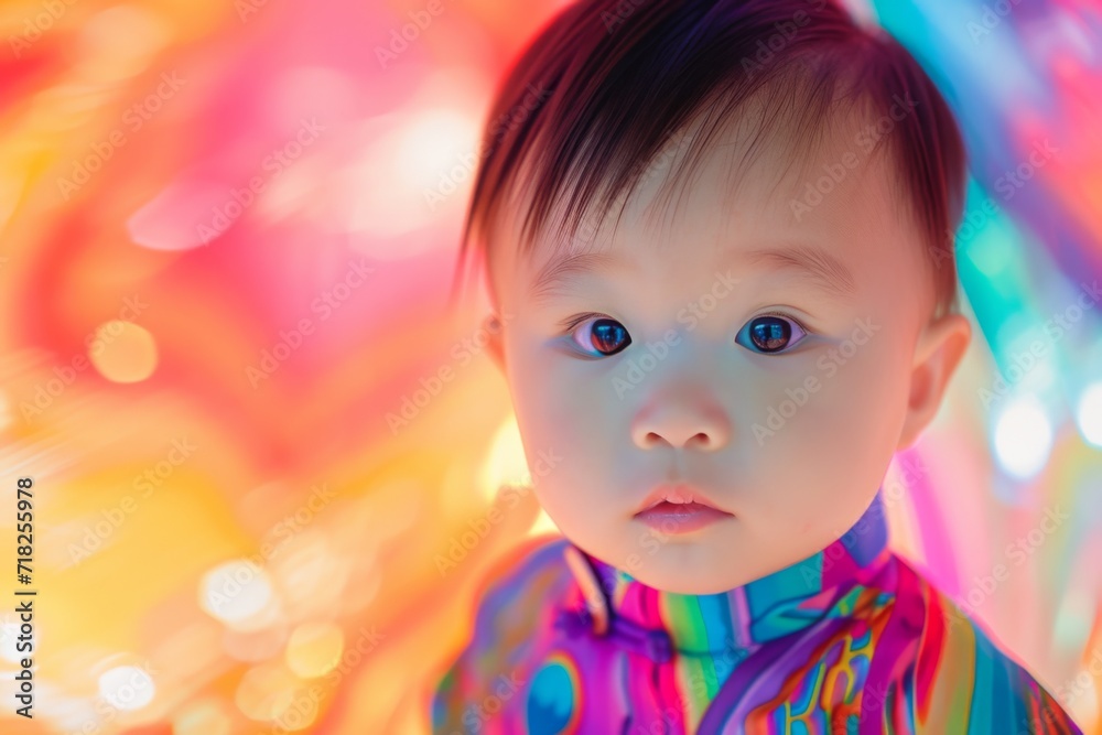Asian Baby In Colorful Clothes Poses Against Vibrant Background ...