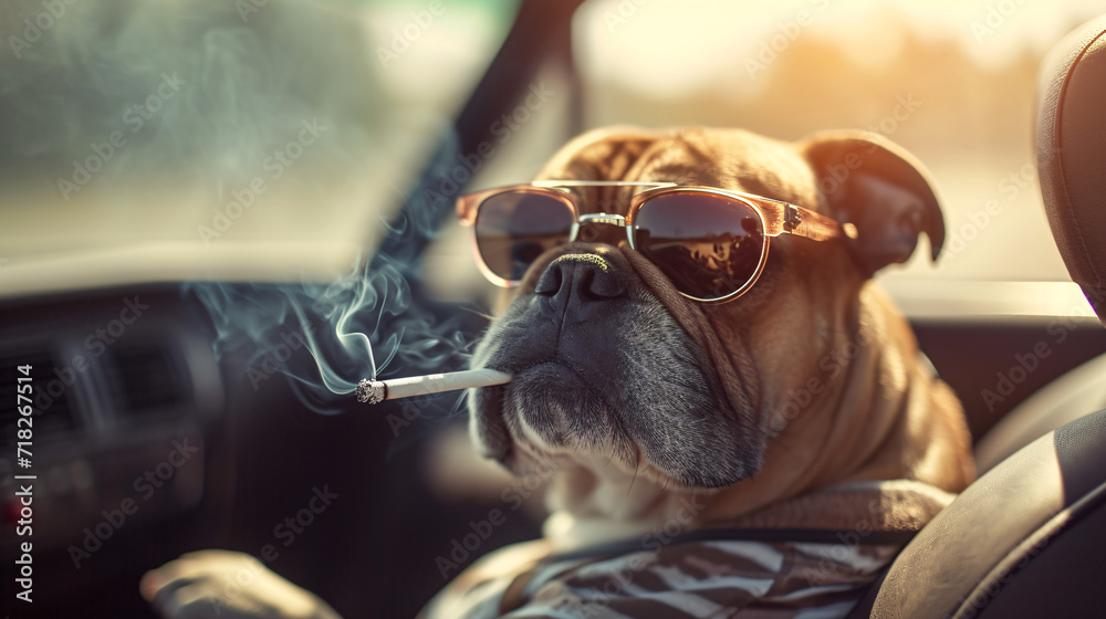 Cool Bulldog Wearing Sunglasses and Smoking a Cigarette Inside a Car ...