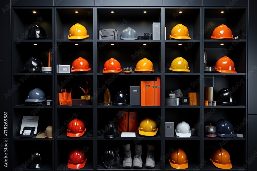 A meticulously organized display of safety helmets in various colors ...