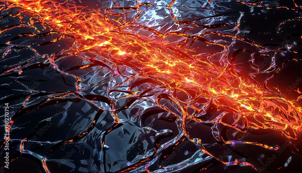 The image depicts a close-up view of molten lava flowing and glowing ...
