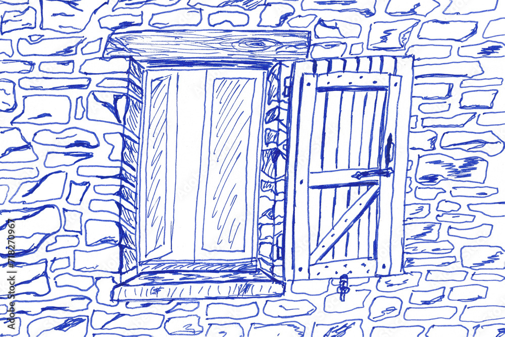 Abstract Primitive drawing of Italian casa villa house window ...