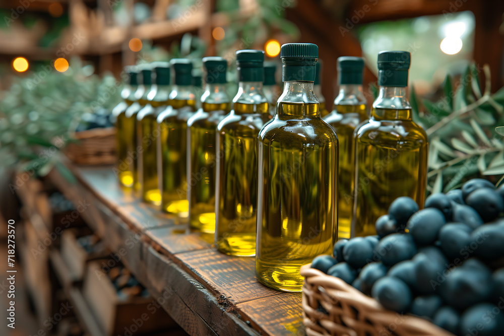 extra virgin olive oil, bottles full of olive oil, baskets full of ...