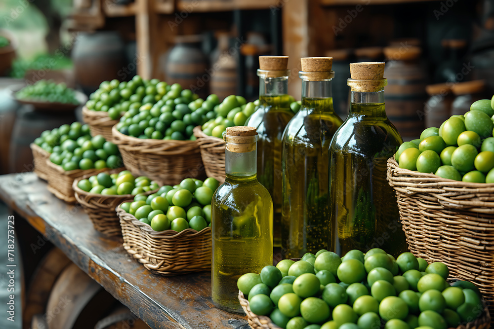 extra virgin olive oil, bottles full of olive oil, baskets full of ...