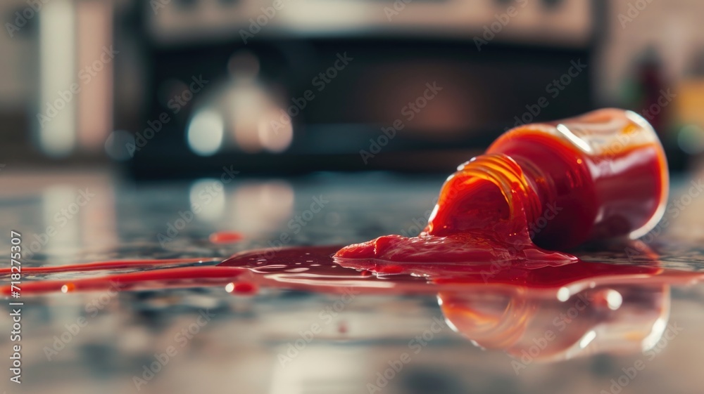 spilled bottle of ketchup on a kitchen counter, creating a vibrant red ...