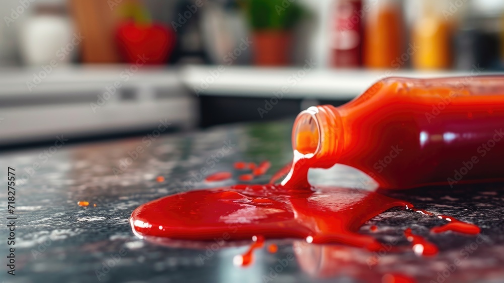 spilled bottle of ketchup on a kitchen counter, creating a vibrant red ...