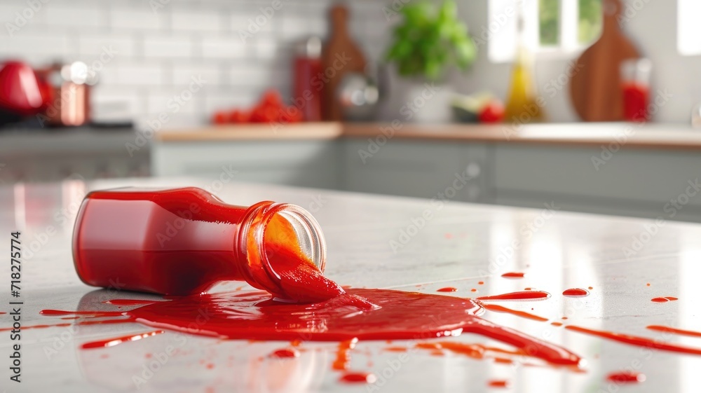 spilled bottle of ketchup on a kitchen counter, creating a vibrant red ...