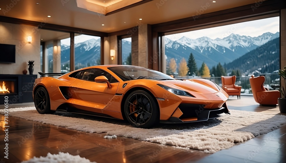 Orange supercar in the living room of a modern mansion. You can see ...