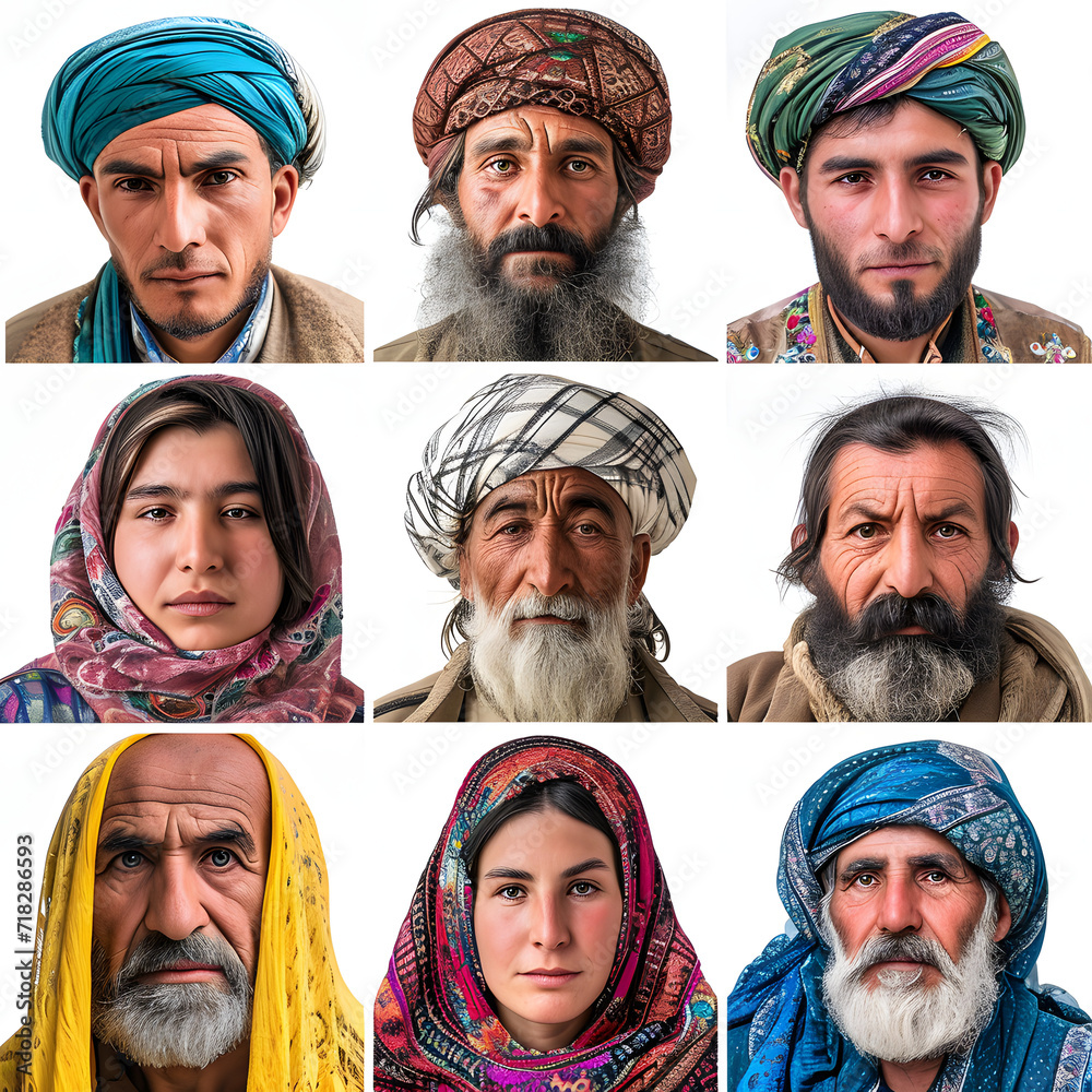 Portraits of afghan people in traditional attire isolated on white ...