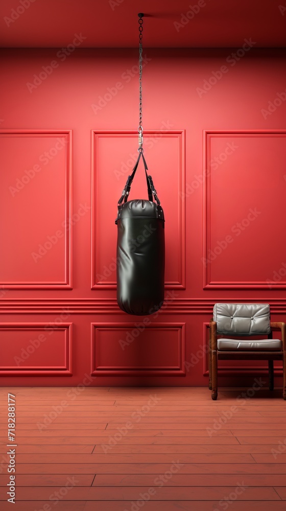 Boxing heavy bag hanging in a room. Concept of sports equipment ...