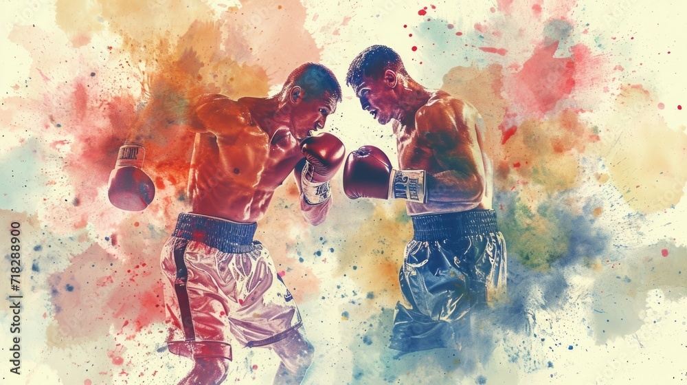 Dynamic watercolor artwork of male boxers in action, a blend of sport ...