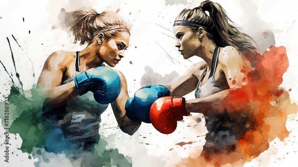 Watercolor illustration of two female boxers facing off in the ring ...