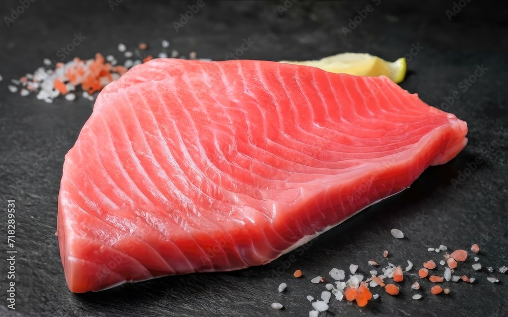 Close up shot yellow fin tuna steak background. Fresh rare steak close ...