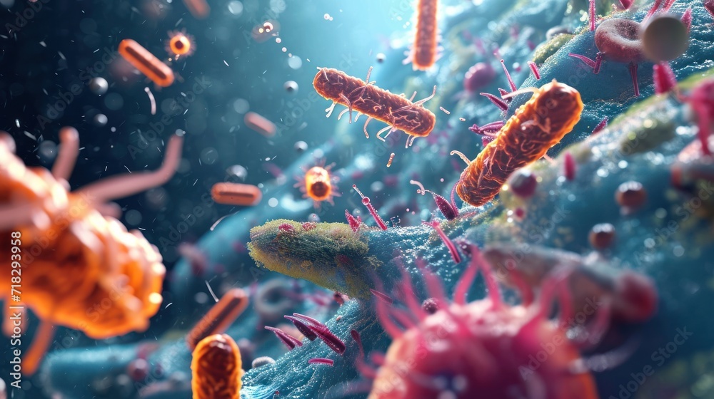 a close up of a group of germs on a blue surface with water droplets on ...