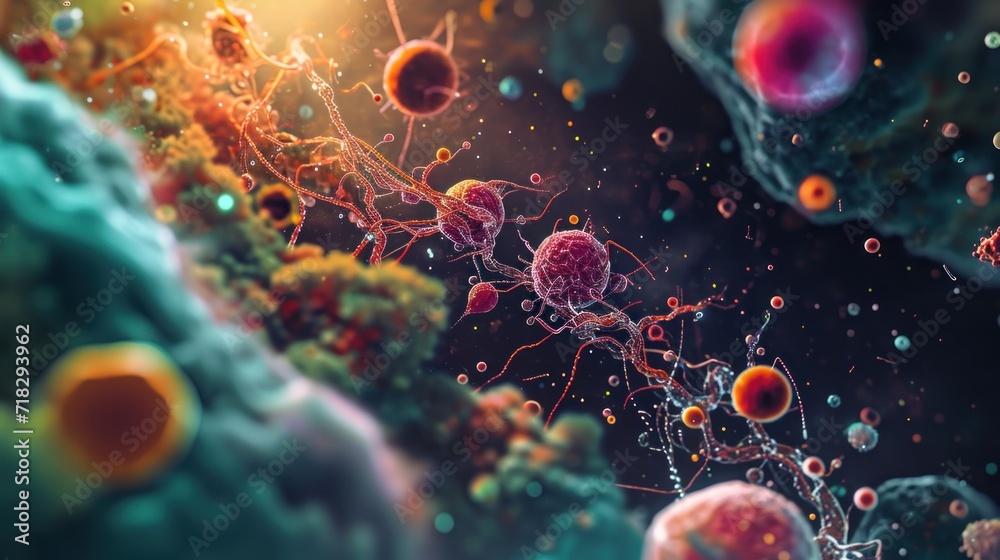 a close up of a bunch of red and yellow blood cells in a body of water ...