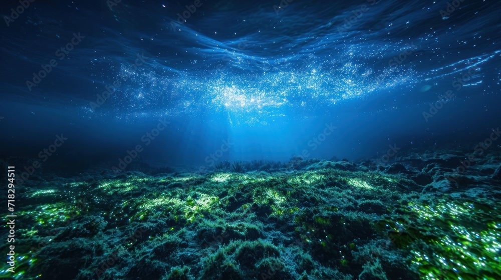 an underwater view of a deep blue sea with bright lights shining on the ...