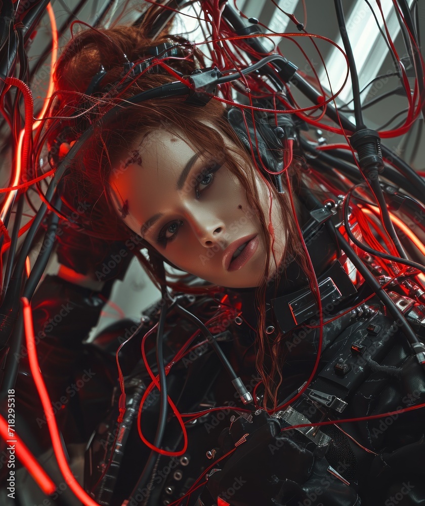 a woman with red wires all over her body and head, posing in front of a ...