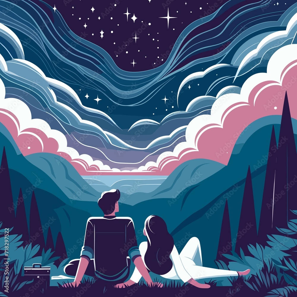 a couple stargazing on a serene hill, featuring a flat color palette ...