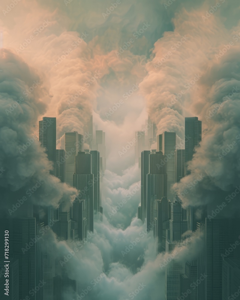 illustration of a futuristic city in the clouds with a blue sky. A surreal composition featuring ...