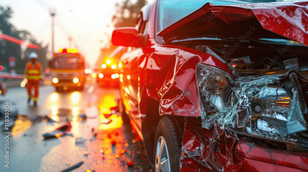 Twilight aftermath of a car accident with emergency response in the ...