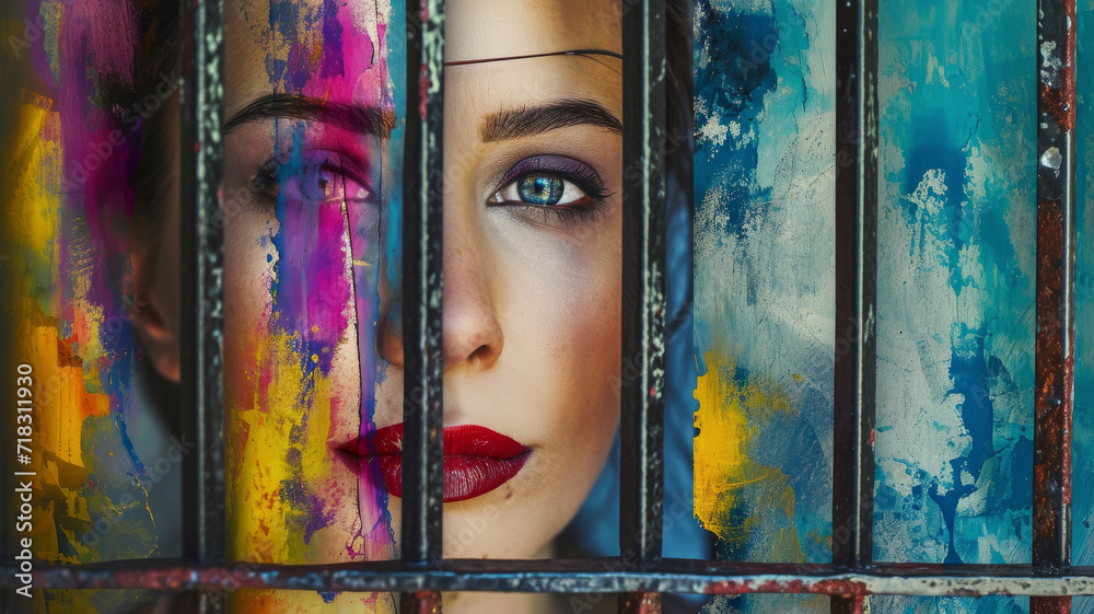 Womans Face Obscured Behind Prison Bars Conveying Themes Of Confinement Solitude And