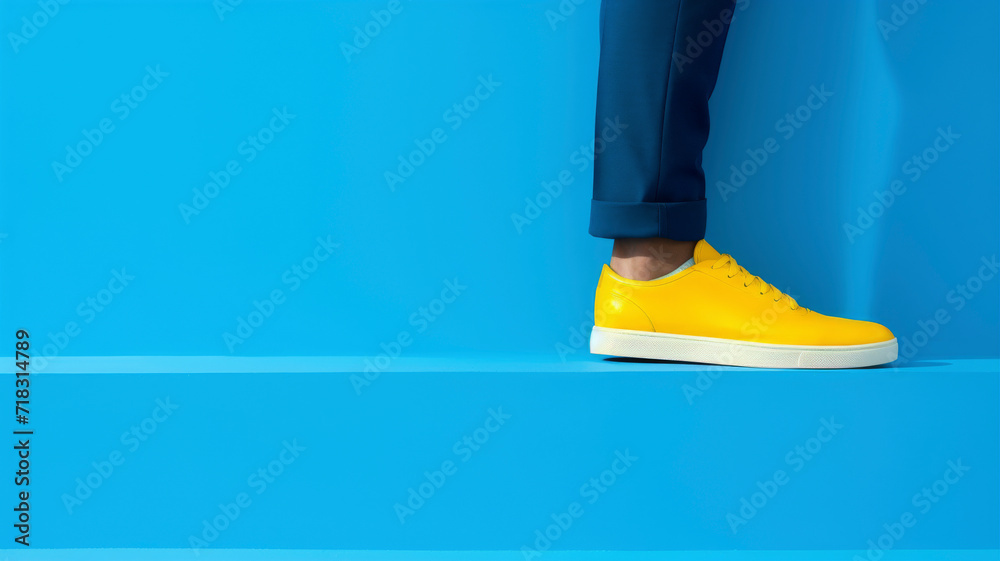 Bold step forward; a person’s foot adorned in a striking yellow shoe ...