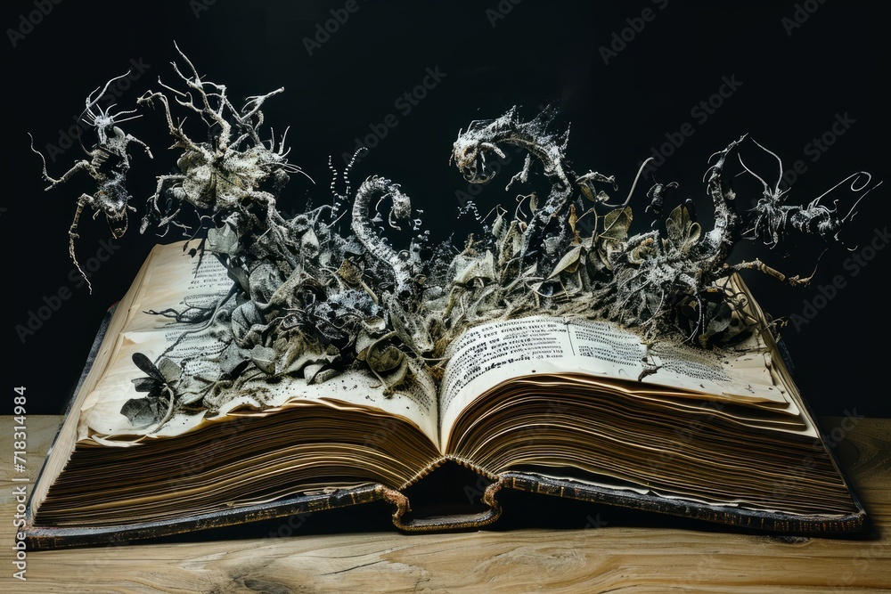 Old book with tentacles coming out of it on wooden table. Dark ...