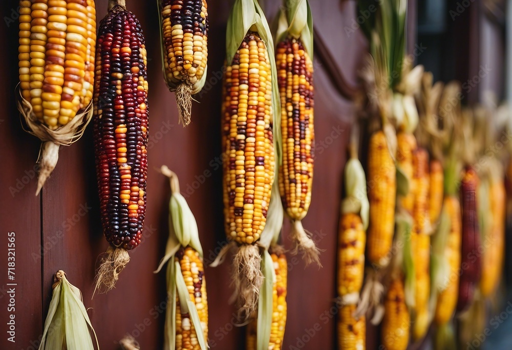 Different colors of vibrant ears of Indian Corn with husks pulled back ...