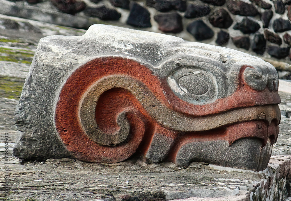Stone Snake Head Of Aztec God Quetzalcoatl In Tenochtitlan Ruins ...