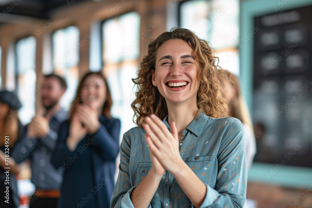 An image capturing the moment of employee recognition with colleagues ...