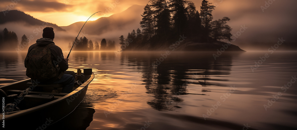 Fisherman fishing on a scenic lake at dawn banner. Freshwater angler ...