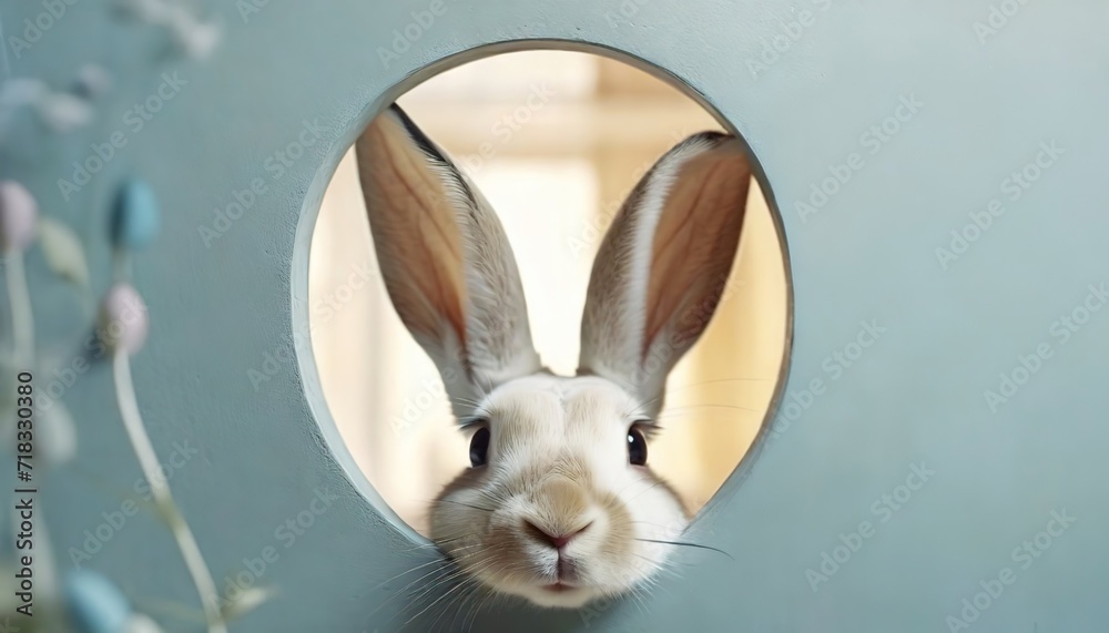 Curious Rabbit Peeking Through a Circular Hole. A rabbit with alert ears peeks curiously through ...