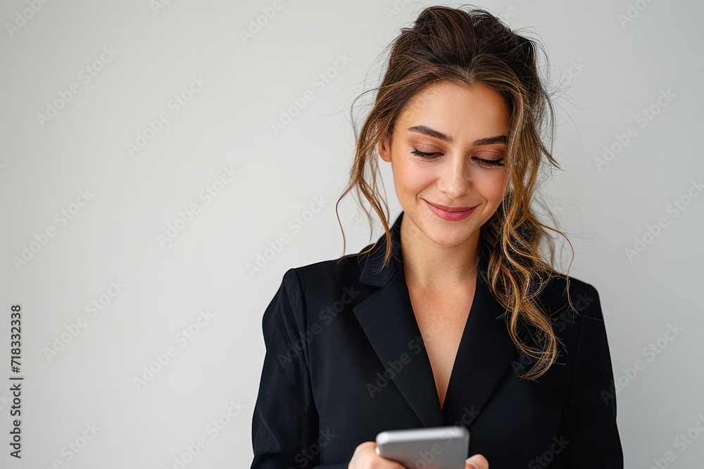 Delight middle aged female entrepreneur with ponytail wearing black ...