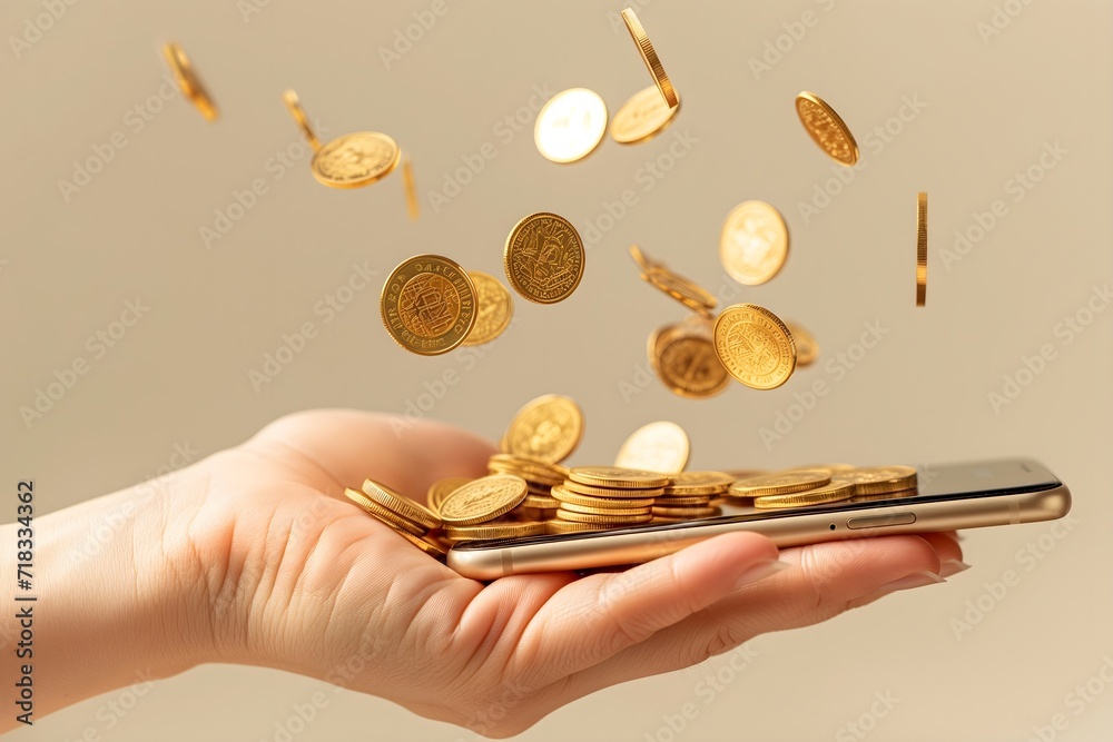 Mobile money magic: Hand with phone captures coins falling ...