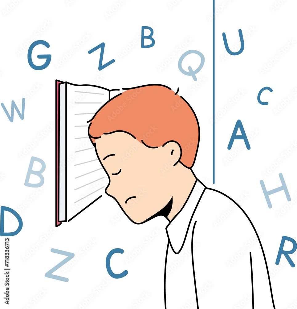 Boy with school textbook, tired due to grueling lessons and difficult ...