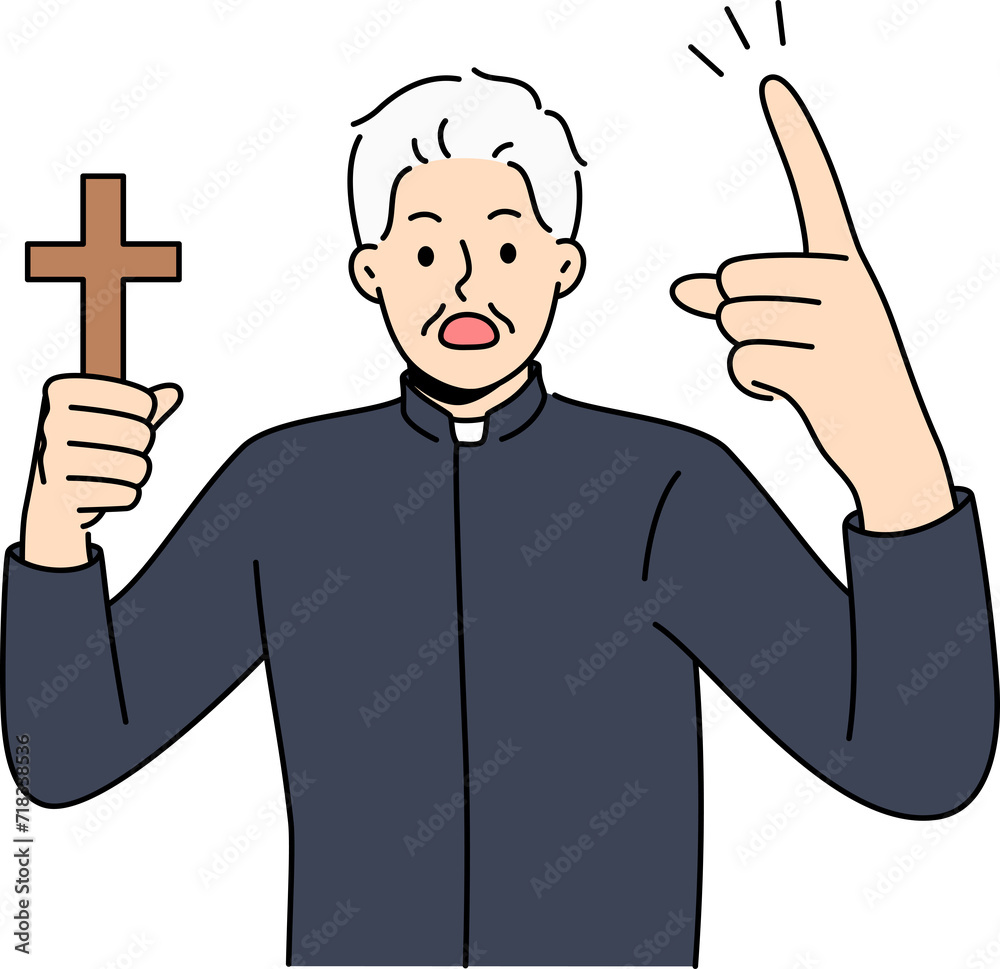 Angry priest with wooden christian cross in hand shouts, urging people ...