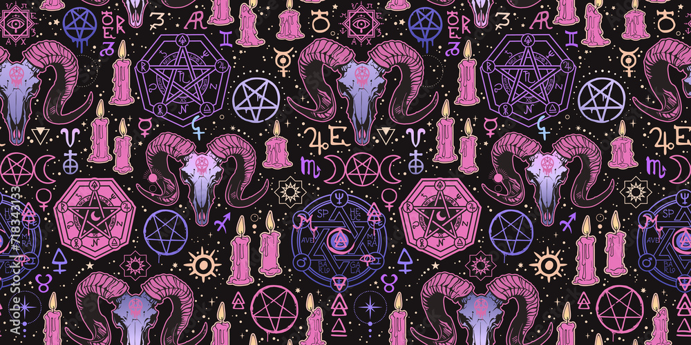 Esoteric occult seamless pattern of magical symbols and animals Stock ...
