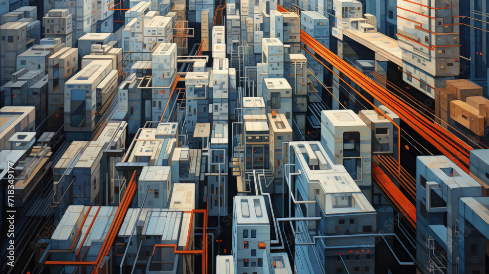 Futuristic cityscape with tall buildings and complex infrastructure. a ...